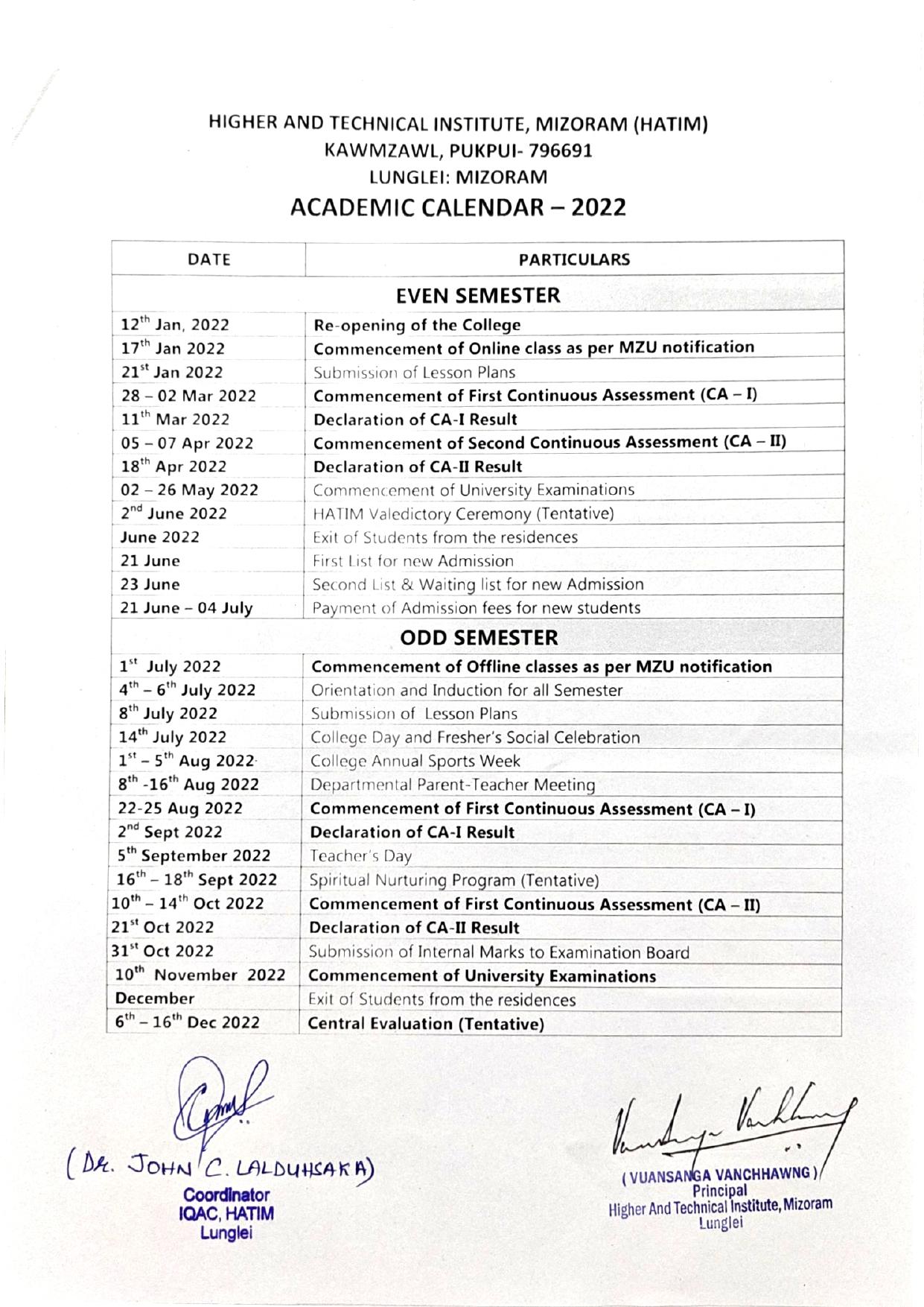 HATIM - ACADEMIC CALENDAR 2022