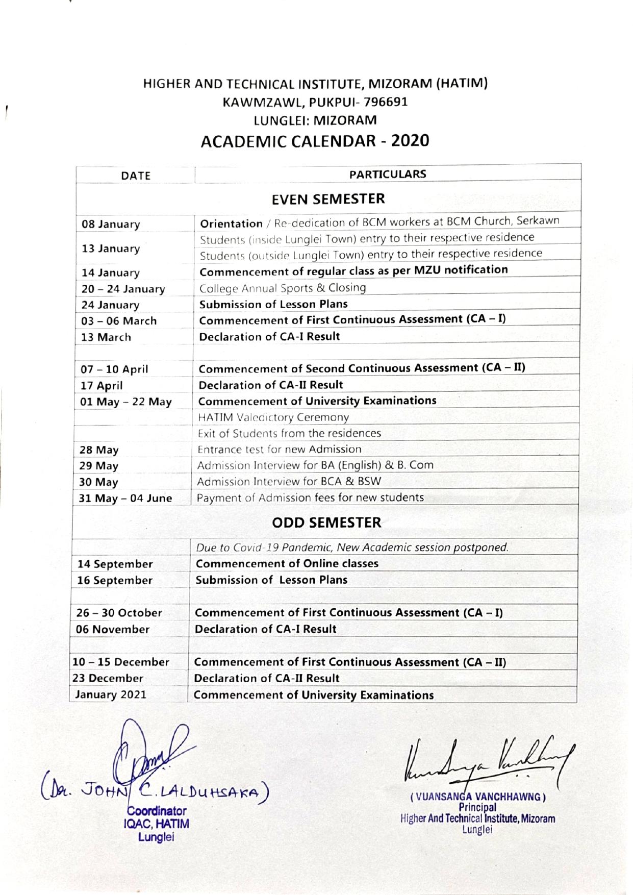 HATIM - ACADEMIC CALENDAR 2020