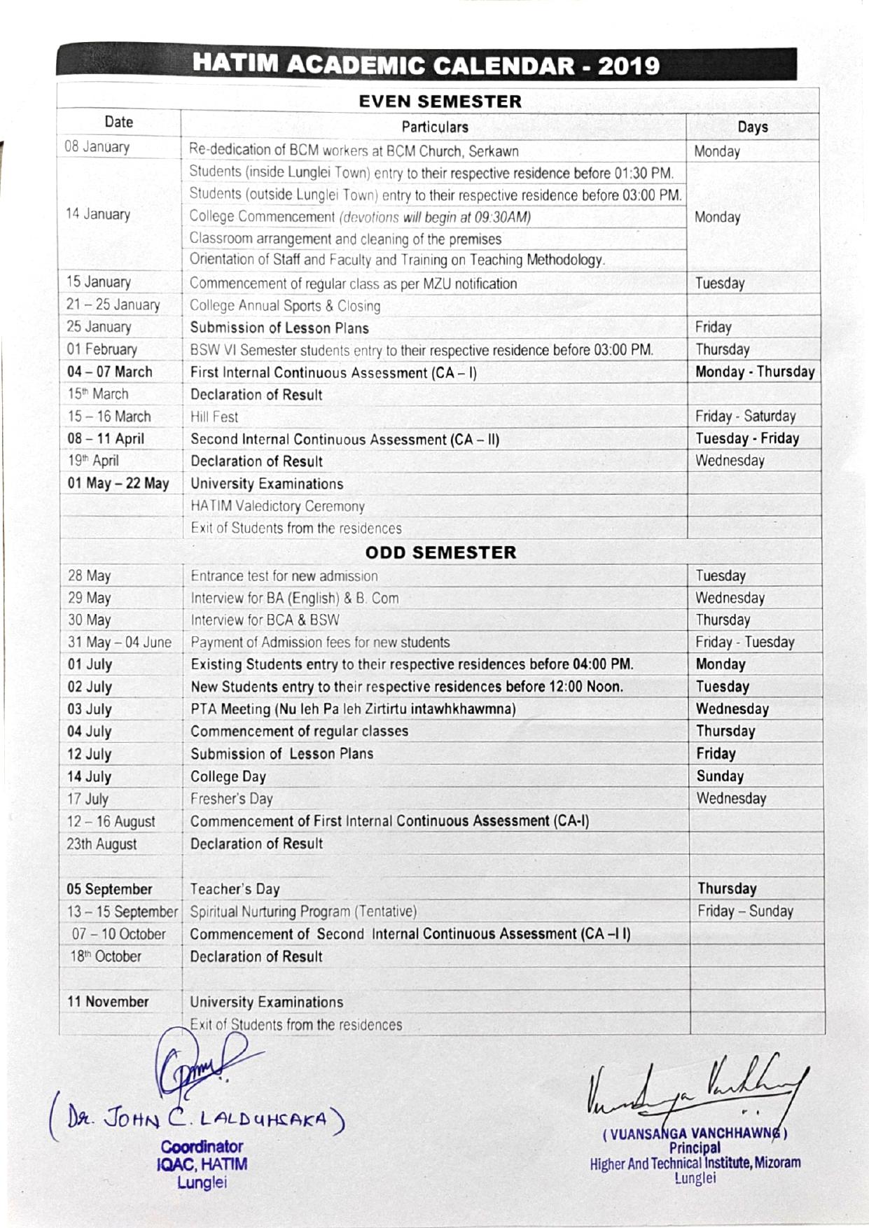 HATIM - ACADEMIC CALENDAR 2019