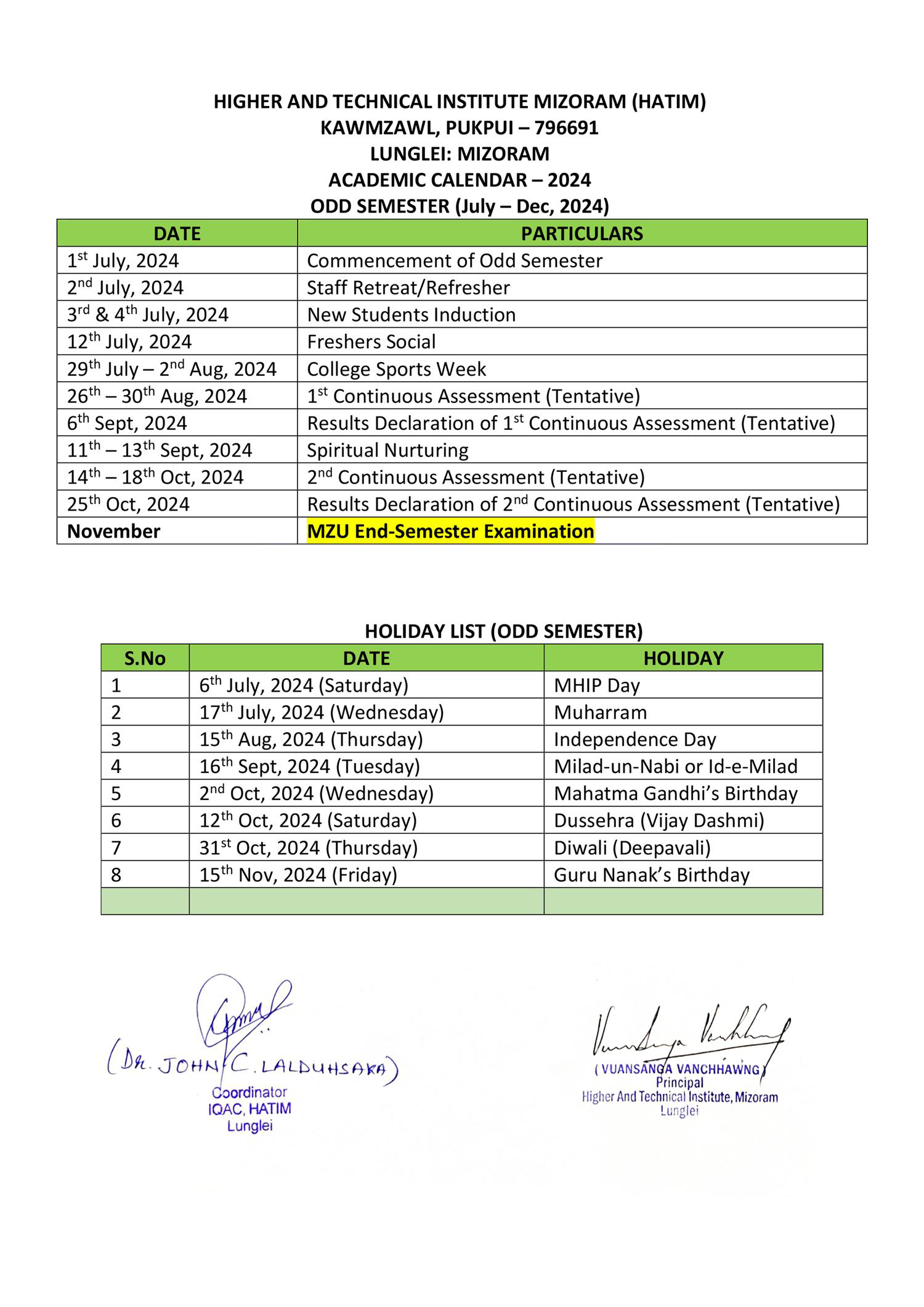 HATIM - ACADEMIC CALENDAR (JULY-DECEMBER, 2024)